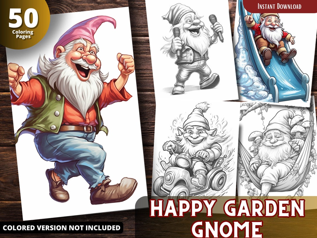 Happy Garden Gnomes Coloring Pages for Adults and for Kids Grayscale ...