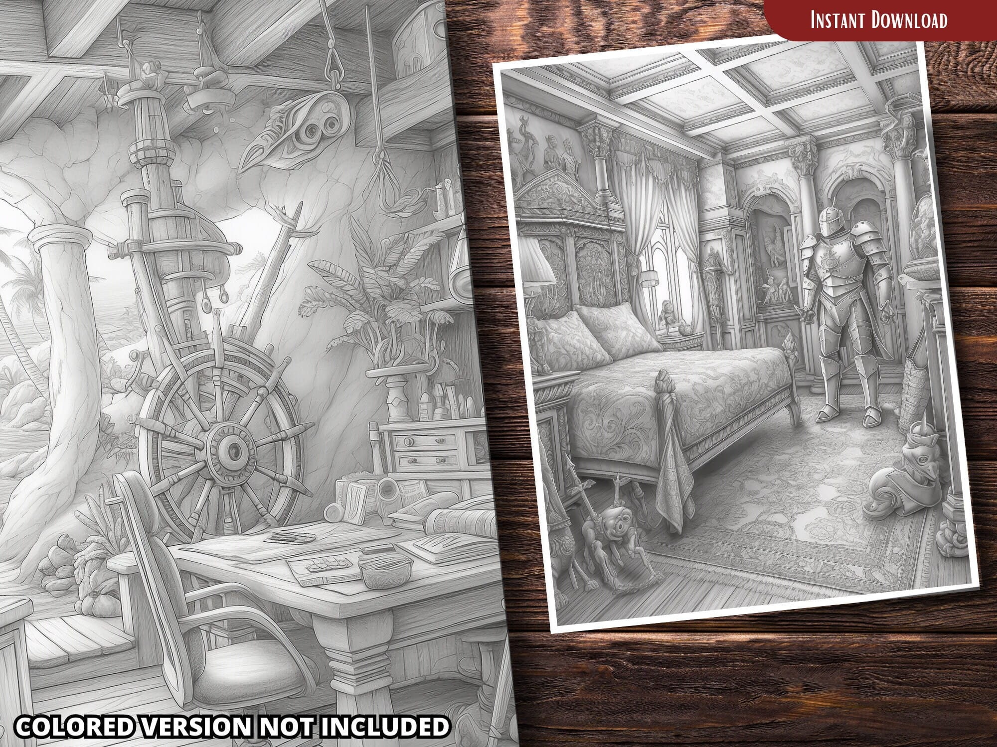 Fantasy House Interior Coloring Pages for Adults and for Kids Grayscale ...