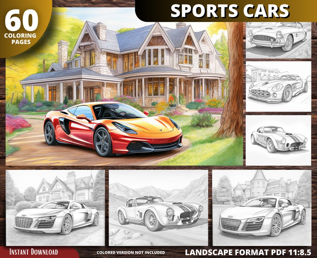 Sports Car Coloring Pages – Grayscale Coloring Book (printable PDF) - Etsy