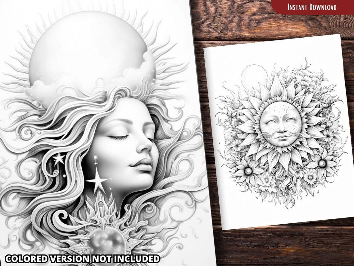 Sun and Moons Coloring Pages for Adults and for Kids Grayscale Coloring ...