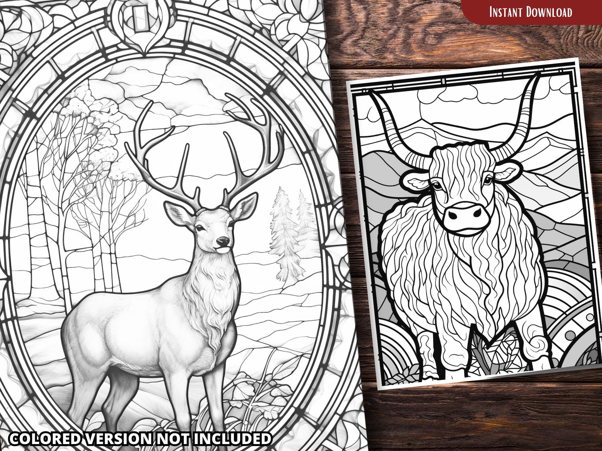 Stained Still Glass Animals Coloring Pages for Adults and for Kids for ...