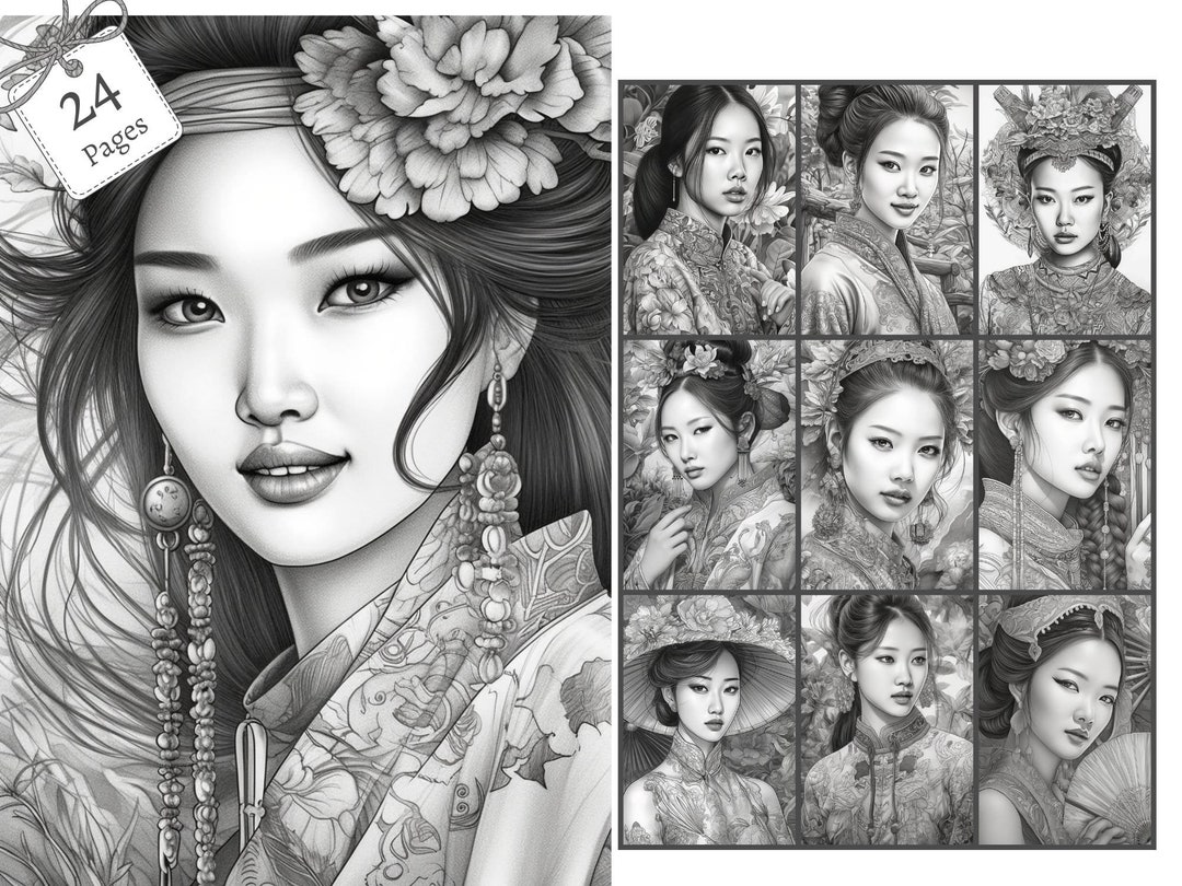 Asian Goddesses Portraits Coloring Pages for Adults and for Kids ...