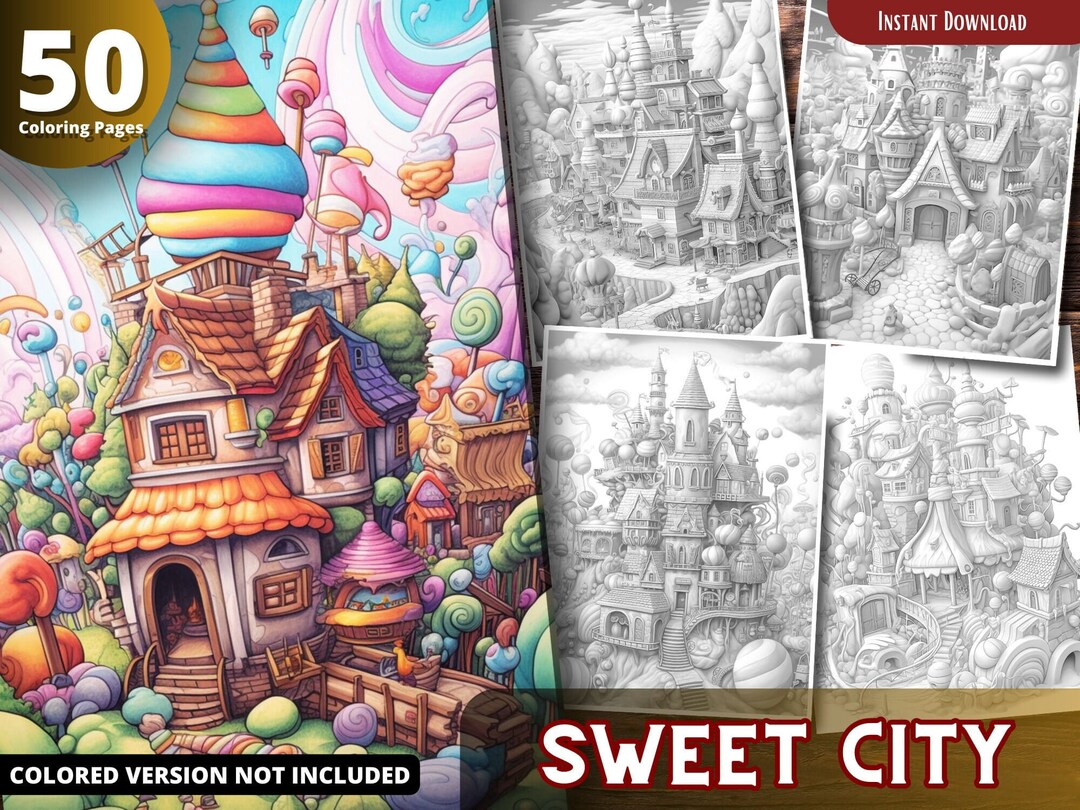 Sweet Fantasy Village Coloring Pages for Adults and for Kids Grayscale ...
