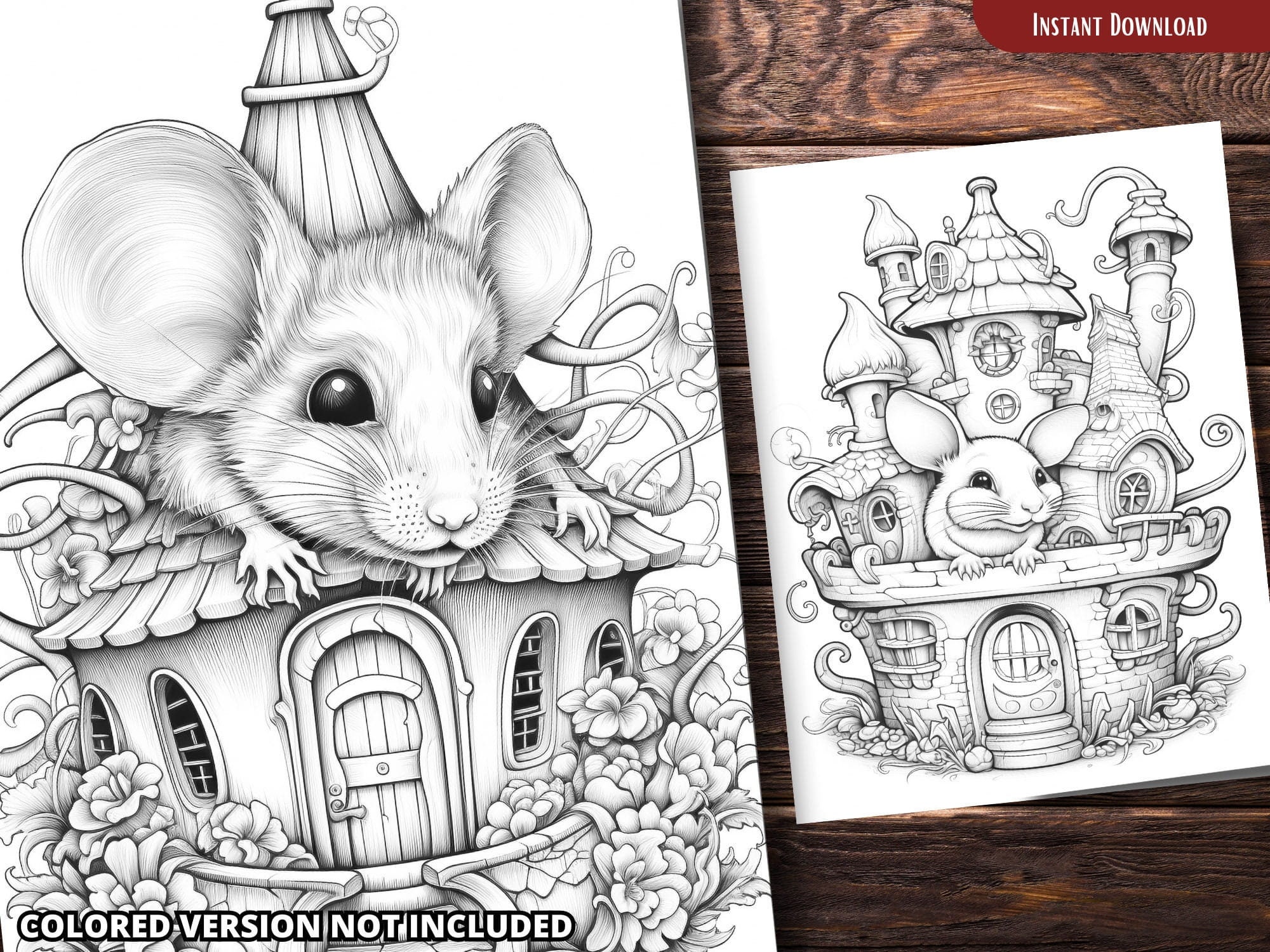 Mouse House Coloring Pages for Adults and for Kids, Grayscale Coloring ...