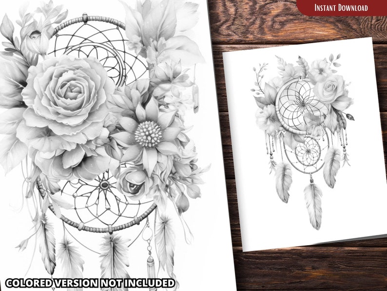 Dreamcatcher Flowers Coloring Pages for Adults and for Kids Grayscale ...