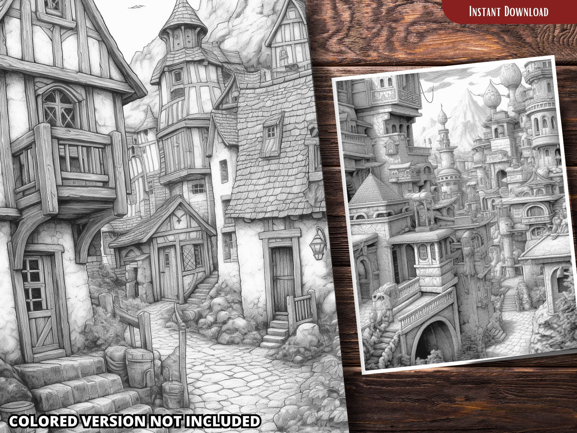 Fantasy Fairy Town Coloring Pages for Adults and for Kids for Relax and ...