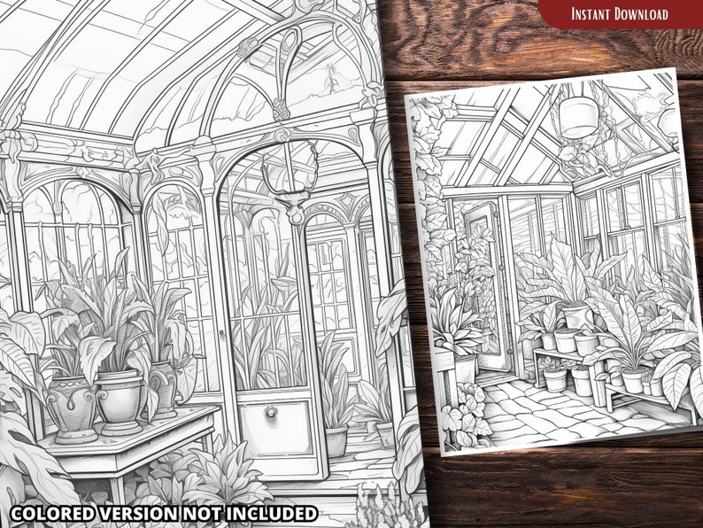 Greenhouse Coloring Pages, Grayscale Relaxing Places (printable PDF) - Etsy