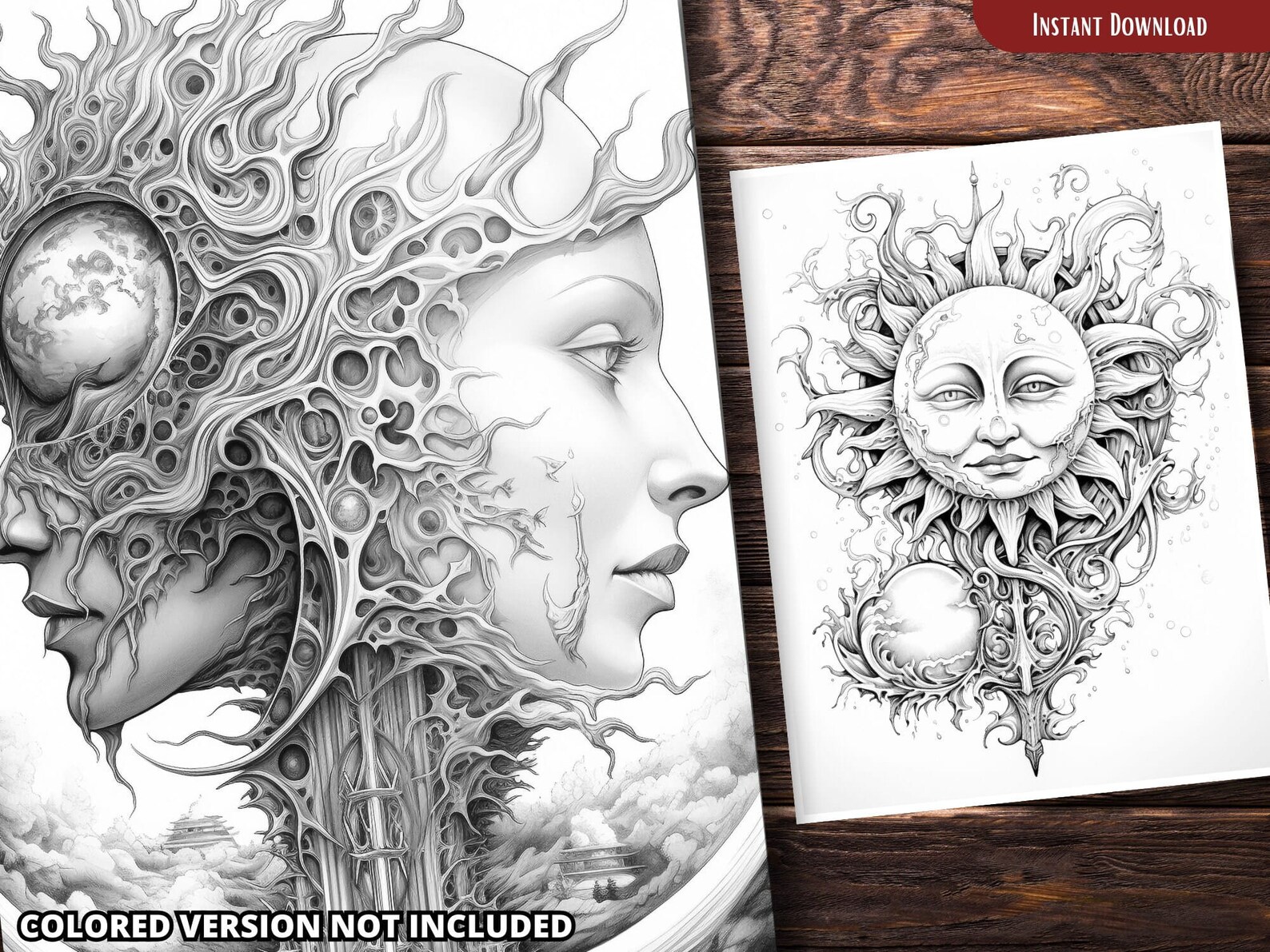 Sun and Moons Coloring Pages for Adults and for Kids Grayscale Coloring ...