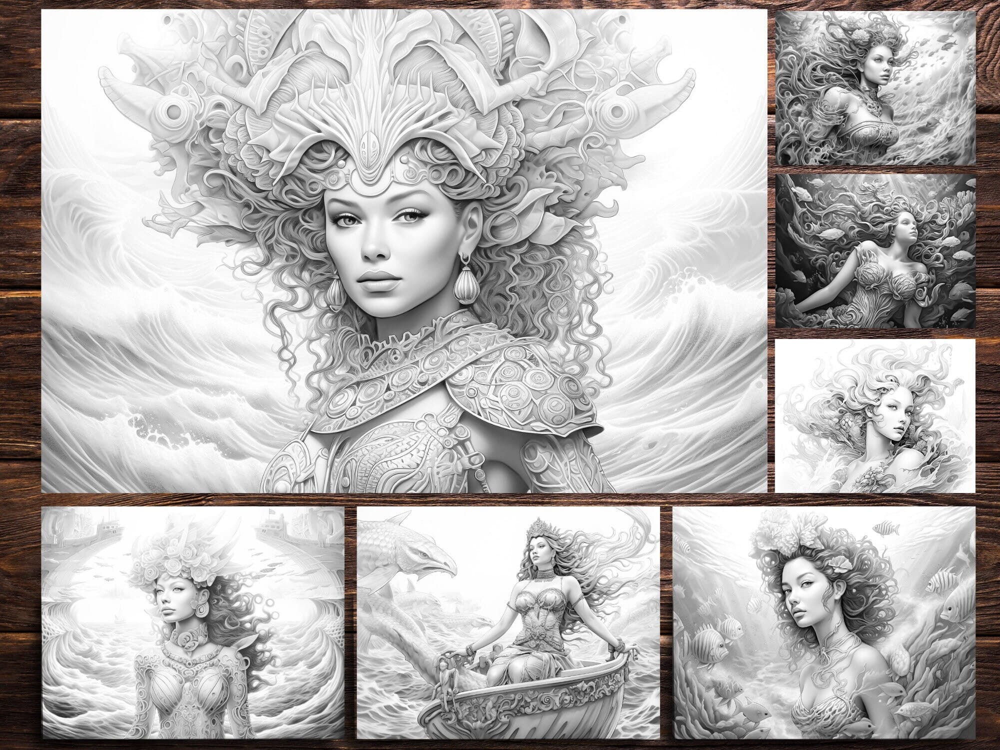 Goddess of the Sea Coloring Pages for Adults and for Kids, Grayscale ...