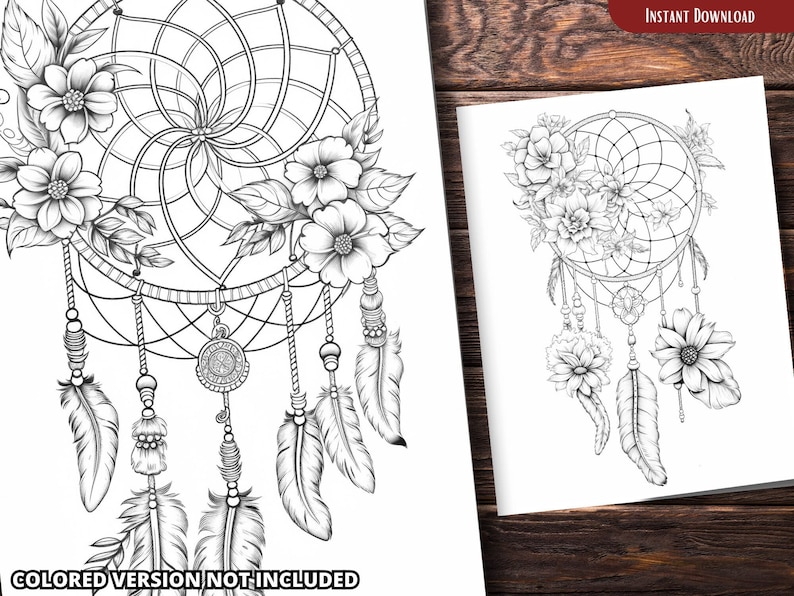 Dreamcatcher Flowers Coloring Pages for Adults and for Kids Grayscale ...