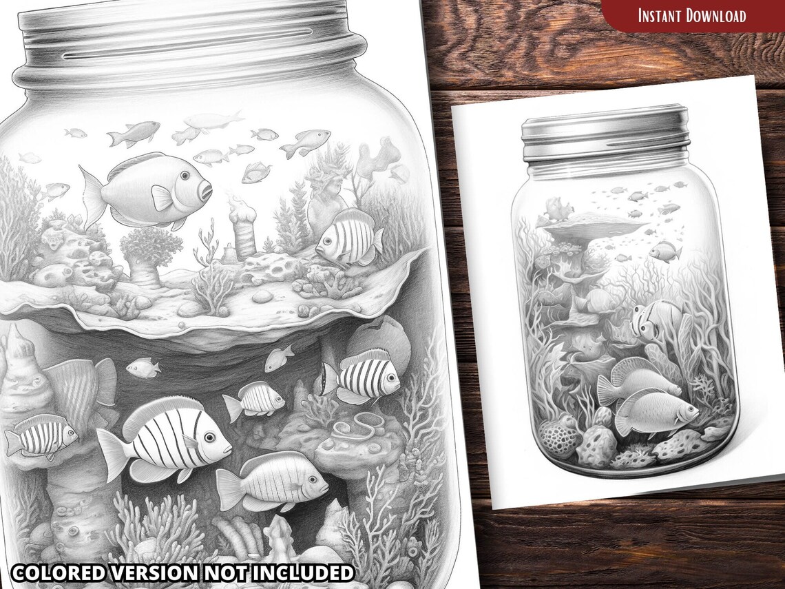 Marine World Enclosed in Jar Coloring Pages for Adults and for Kids ...