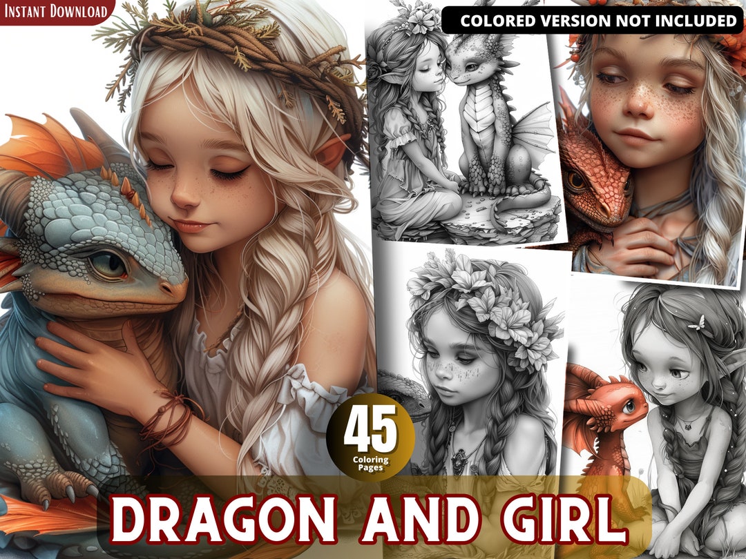 Girl and Dragon Coloring Pages for Adults and for Kids for Relax and ...