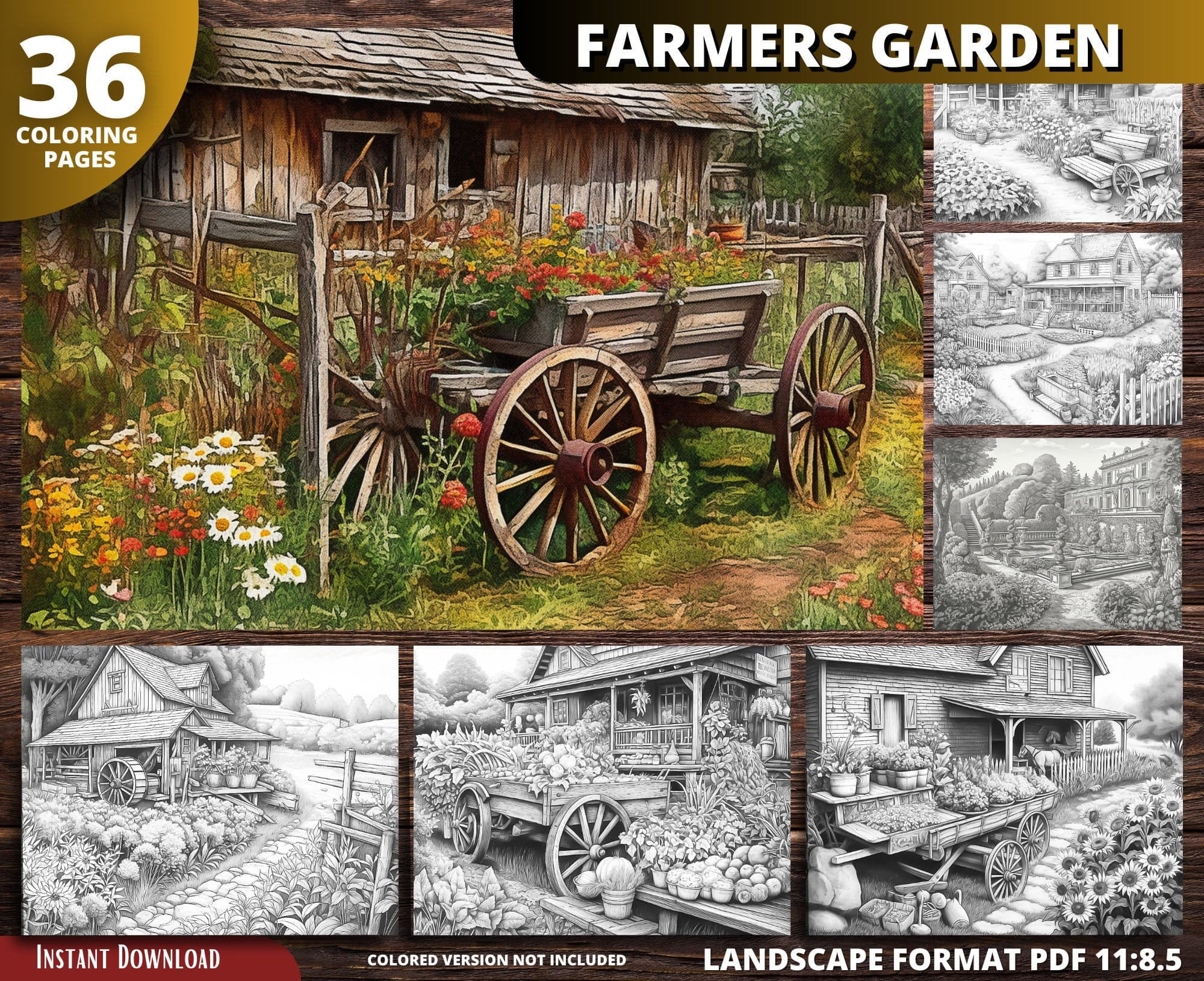 Farmer Garden , 36 Coloring Pages for Adults and for Kids, Grayscale ...