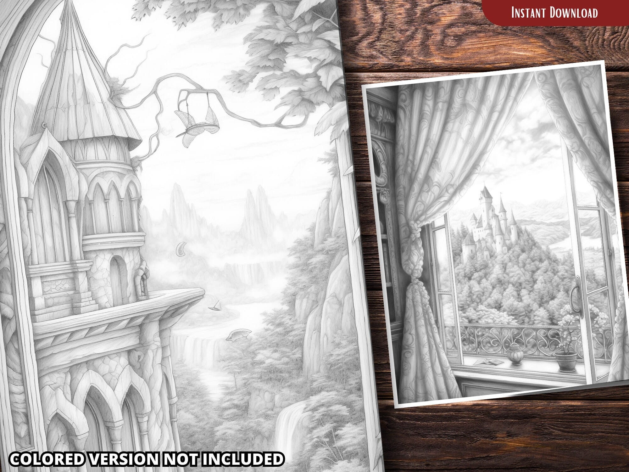 Fantasy Landscape Window View Coloring Pages for Adults and for Kids ...