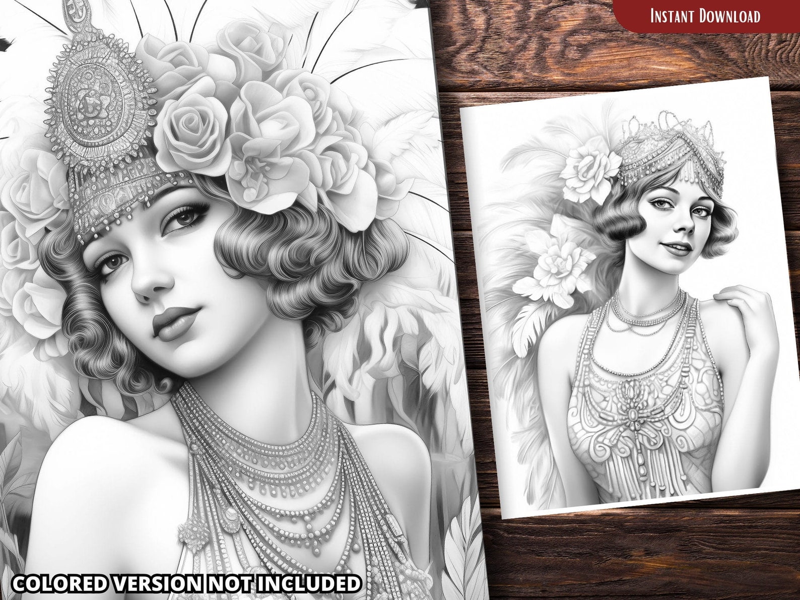 1920's Flapper Dancer Coloring Pages for Adults and for Kids Grayscale ...