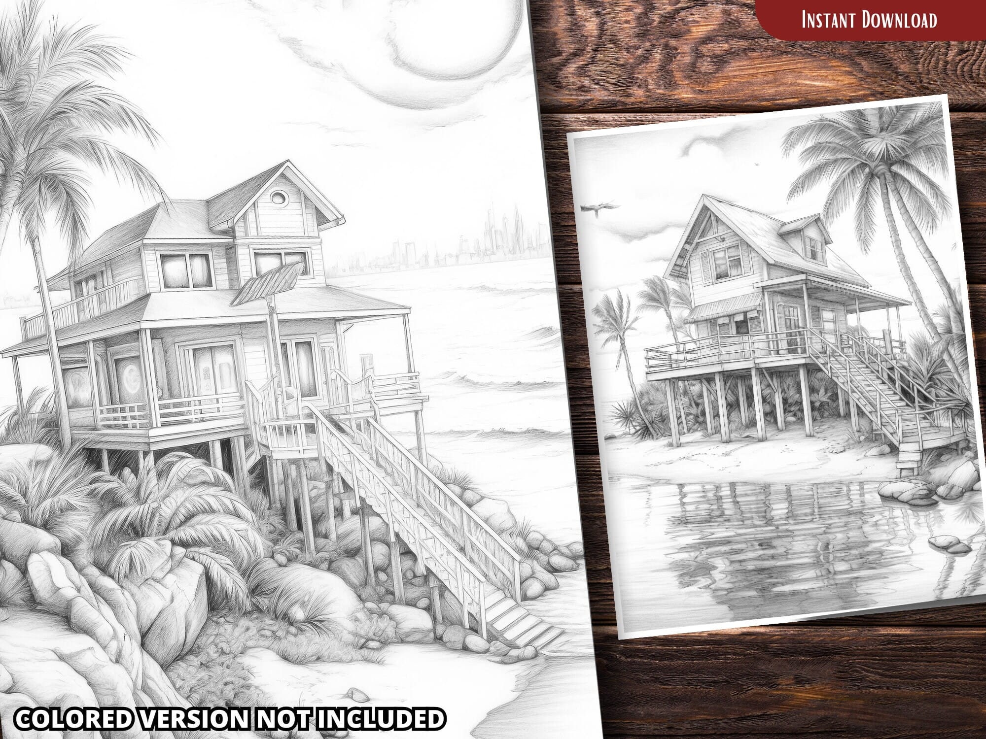 Beach House Grayscale Coloring Pages for Adults & Kids (printable PDF ...