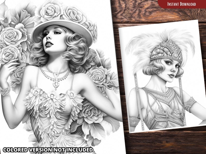 1920's Flapper Dancer Coloring Pages for Adults and for Kids Grayscale ...