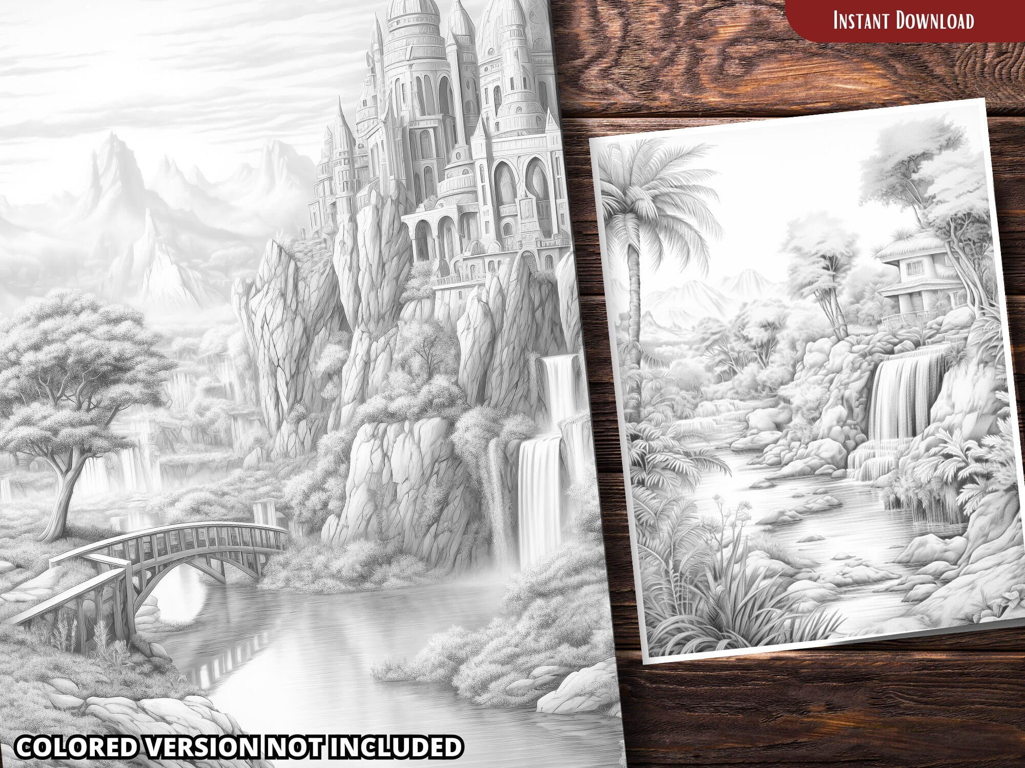 Fantasy Landscape Coloring Pages for Adults and for Kids, Grayscale ...