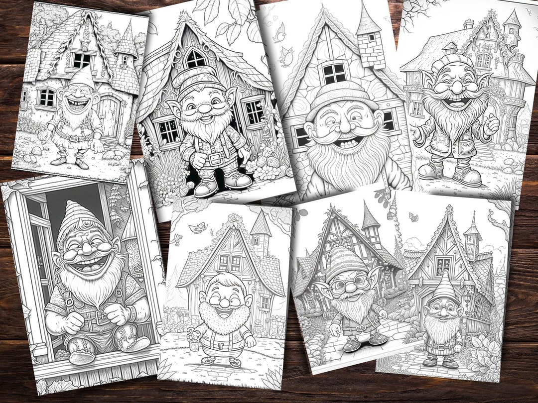 Enchanted Gnomes Coloring Pages for Adults and for Kids, Grayscale ...