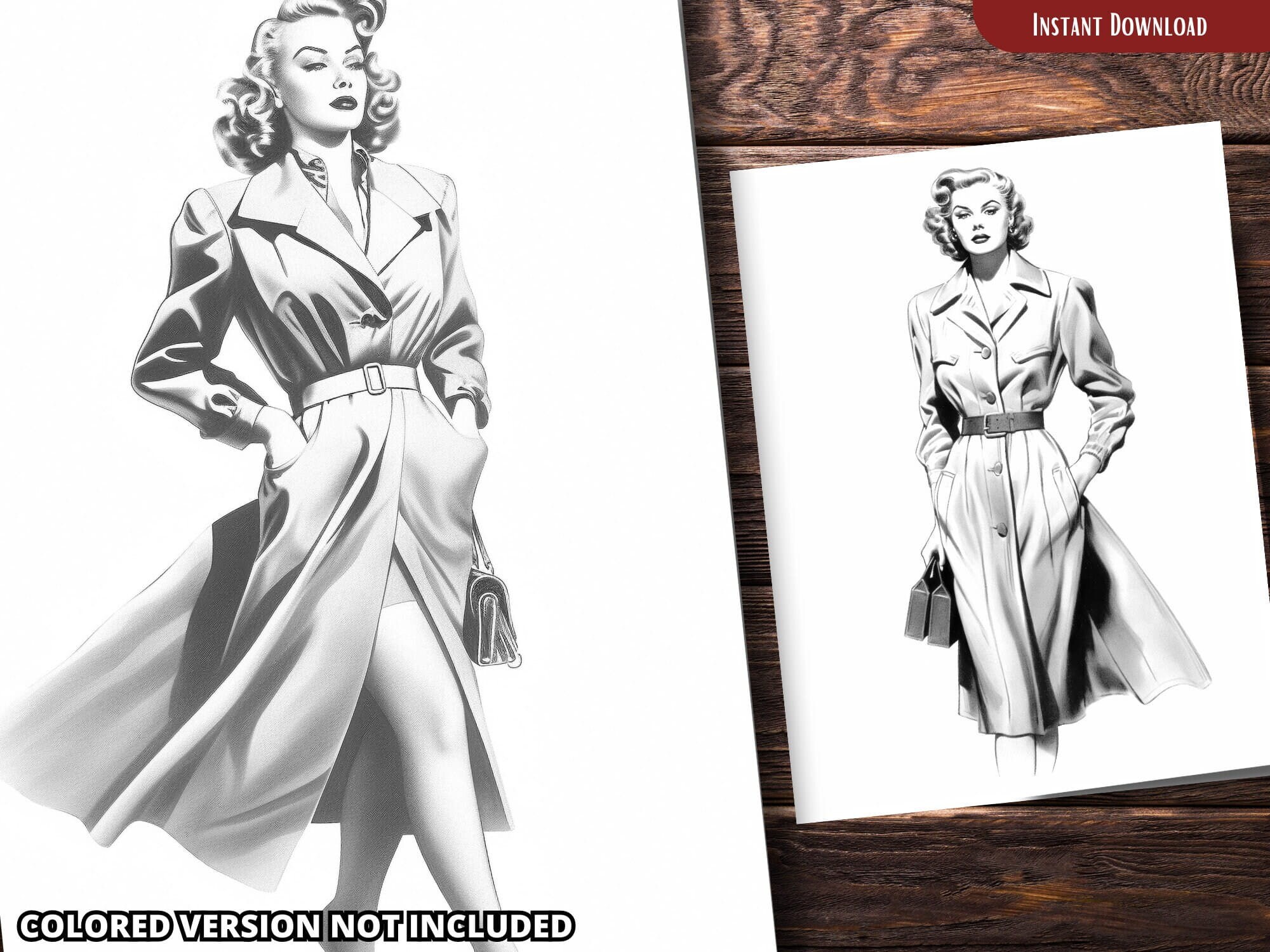 1950s Vintage Style Girl Coloring Pages for Adults and for Kids ...