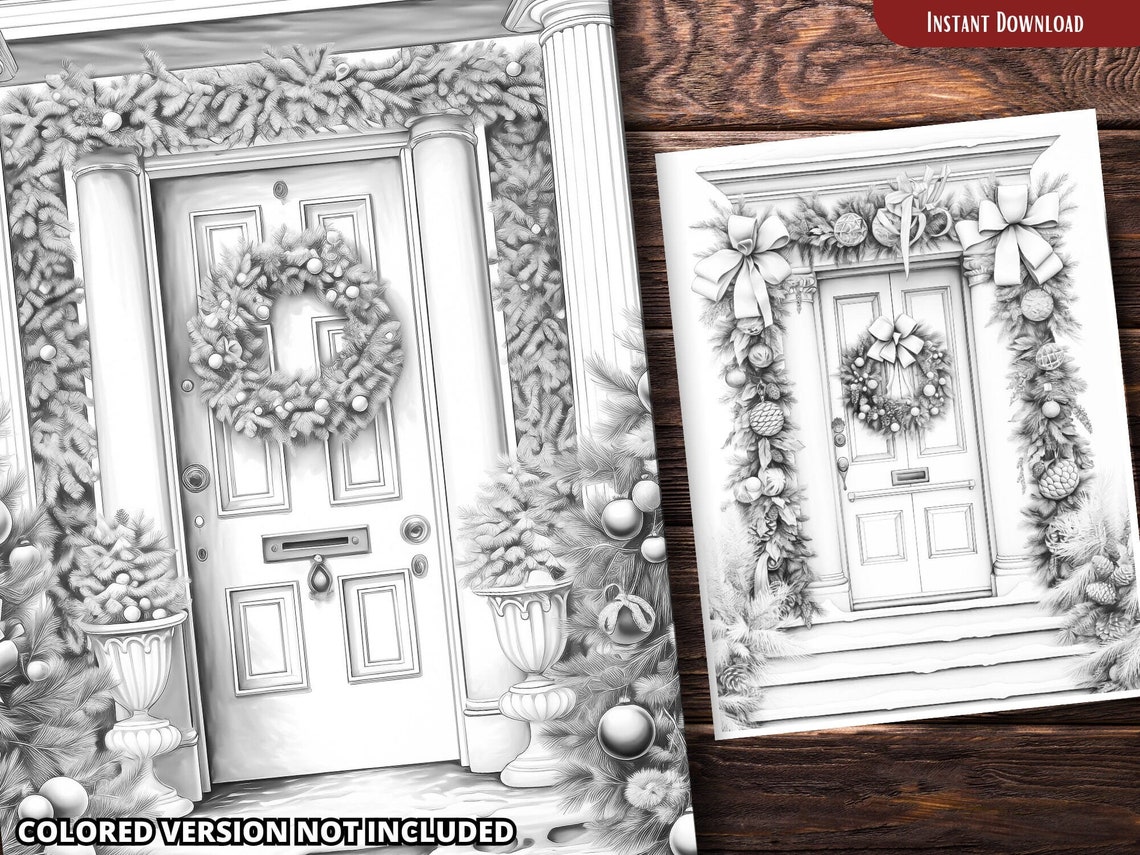Christmas Doors Coloring Pages for Adults and for Kids Grayscale ...