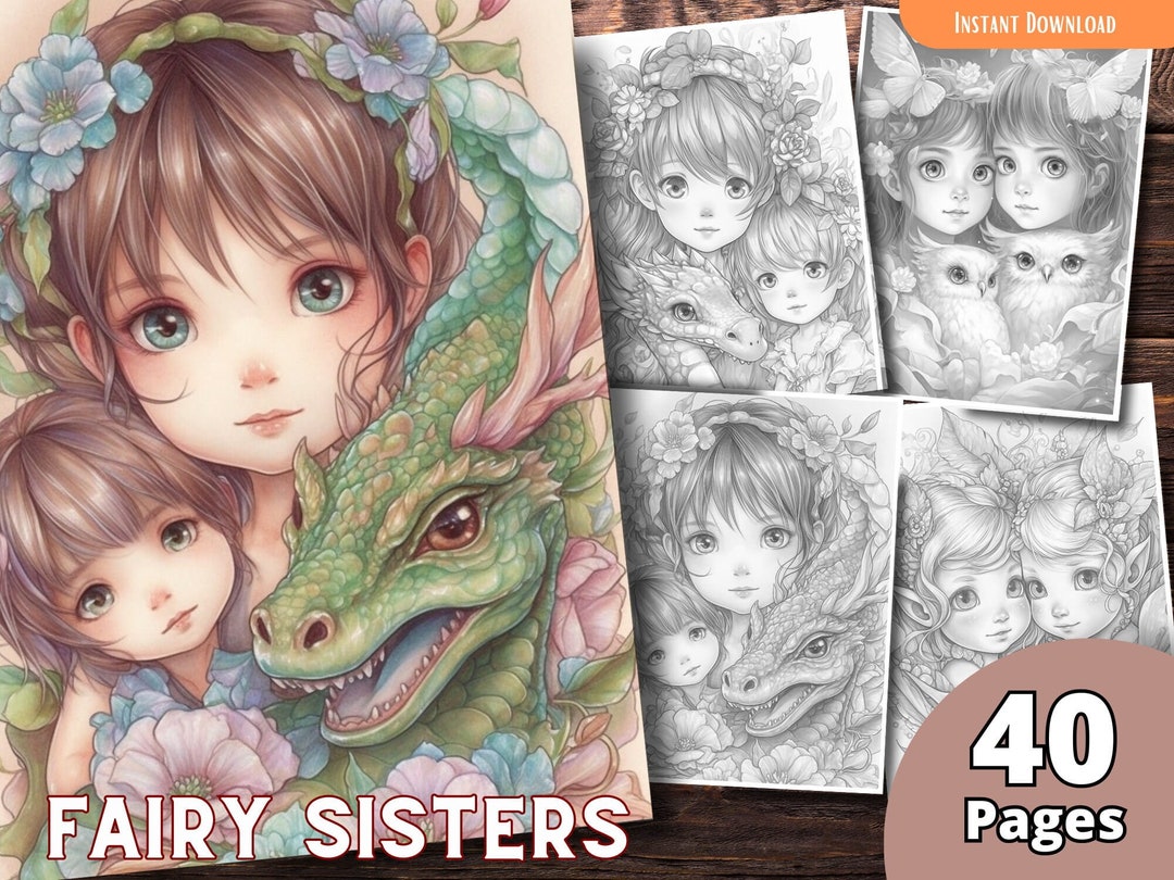 Fairy Sisters Coloring Pages for Adults and for Kids Grayscale Coloring ...