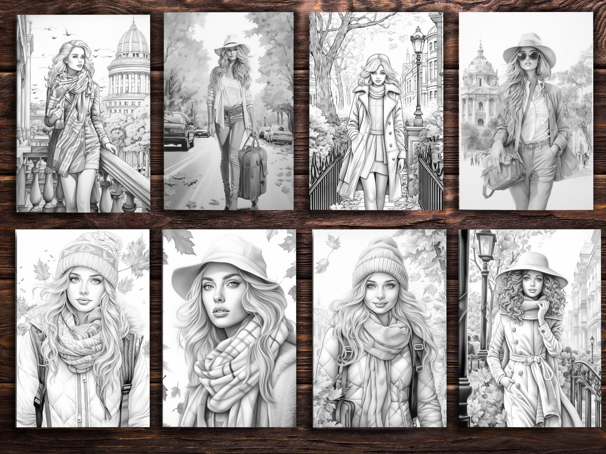 Fall Season Fashion Coloring Pages for Adults and for Kids Grayscale ...