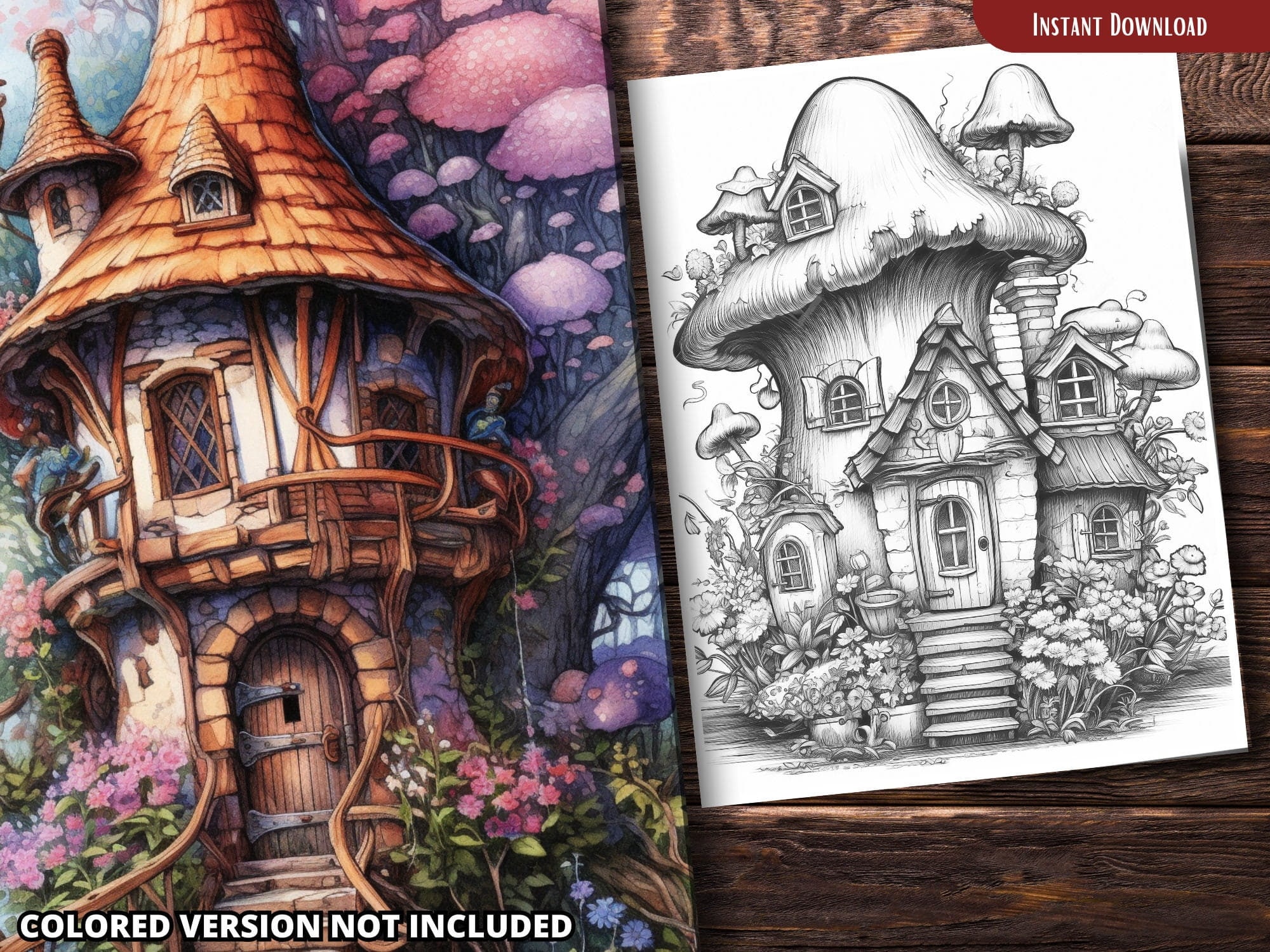 Fairy Houses Coloring Pages for Adults and for Kids Grayscale Coloring ...