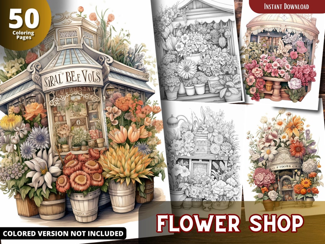 Flower Shop Coloring Pages for Adults and for Kids for Relax and Stress ...