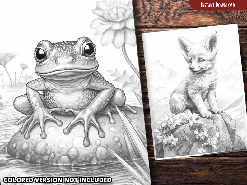Baby Animals Coloring Pages for Adults and for Kids, Grayscale Coloring ...