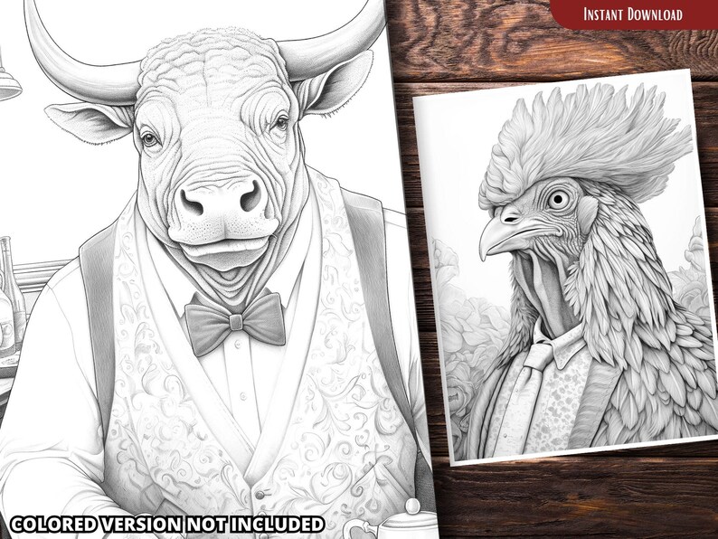 Animal Business Coloring Pages for Adults and for Kids Grayscale ...