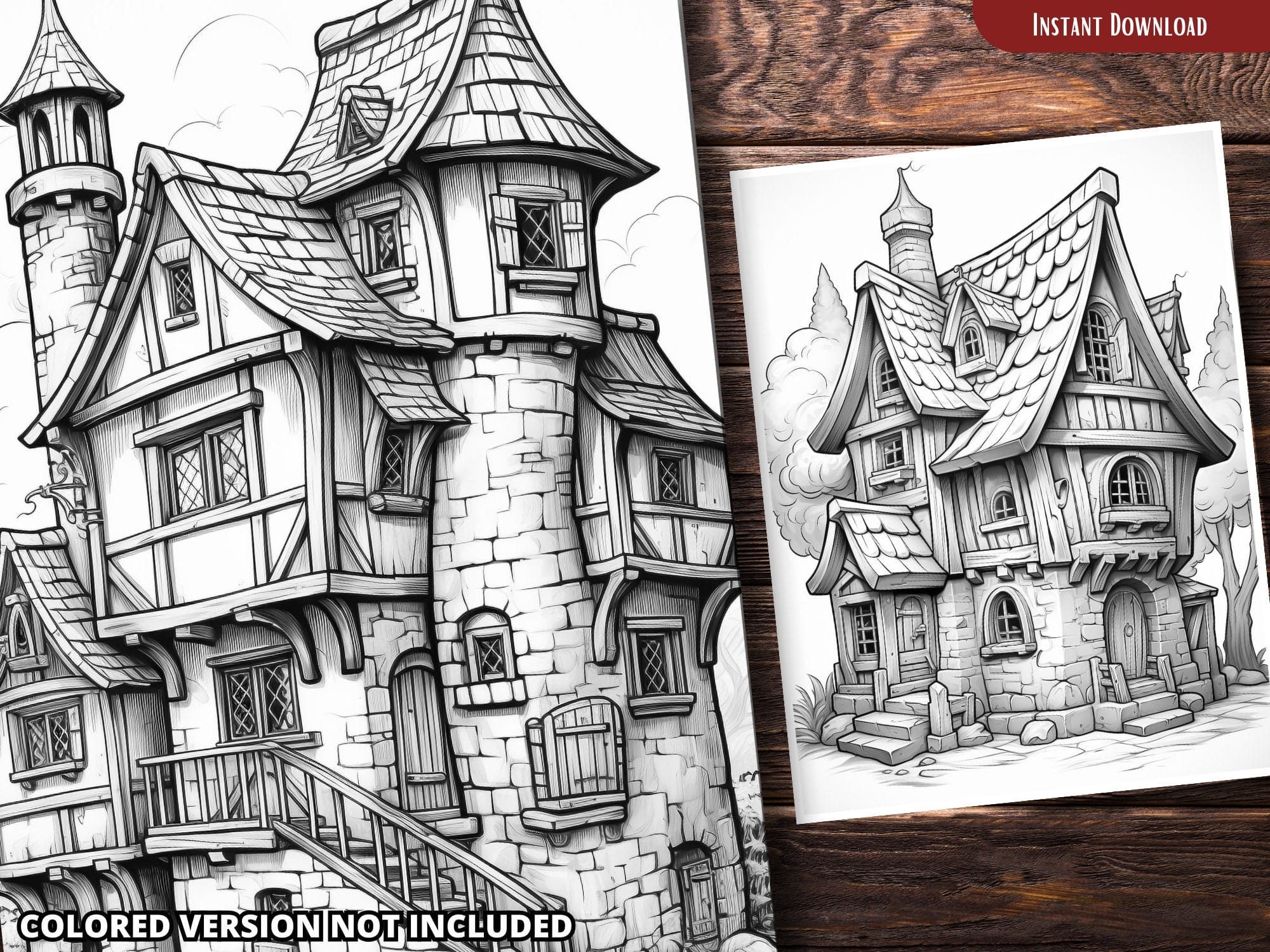 Medieval House Coloring Pages, Grayscale Stress Relief (printable PDF ...