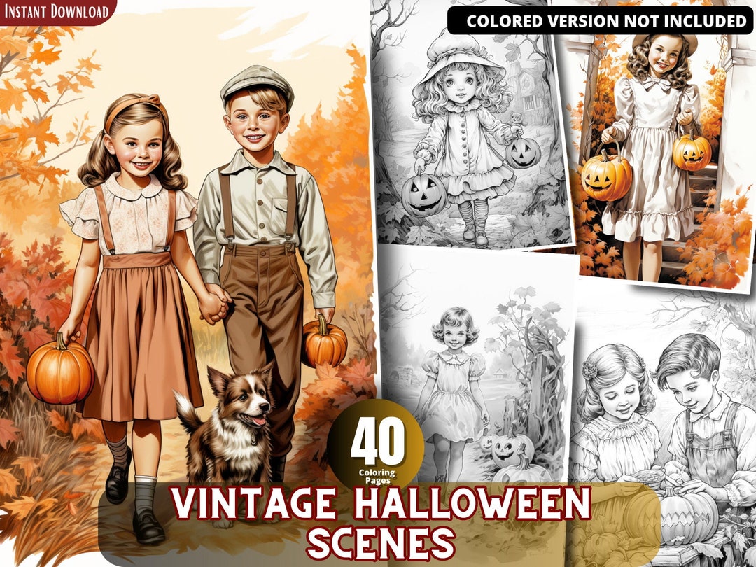 Vintage Halloween Scenes Coloring Pages for Adults and for Kids for ...