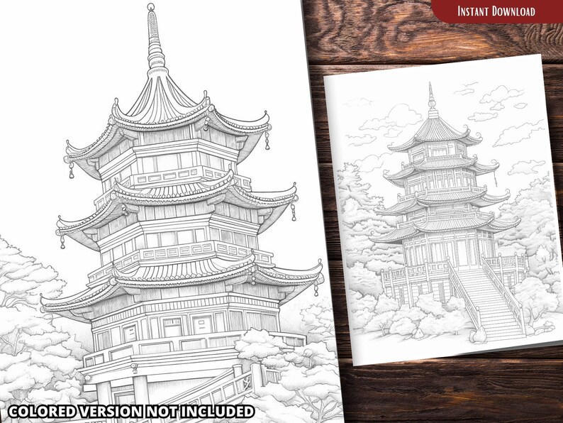 Pagoda Coloring Pages for Adults and for Kids for Relax and Stress ...