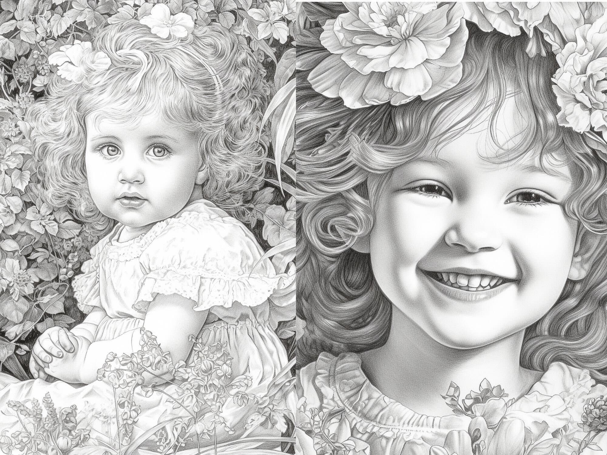 Spring Girls Coloring Pages for Adults and for Kids Grayscale Coloring ...