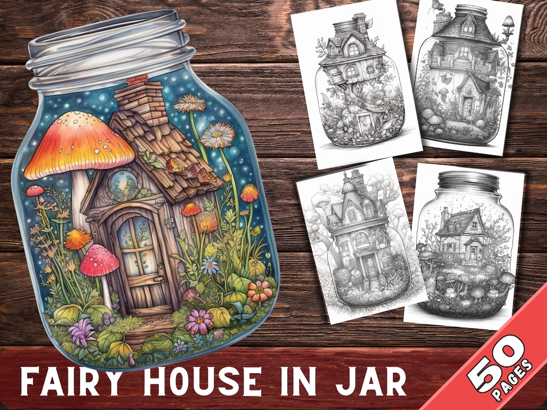 Fantasy Enchanted Fairy Houses in Jar Coloring Pages for Adults and for ...