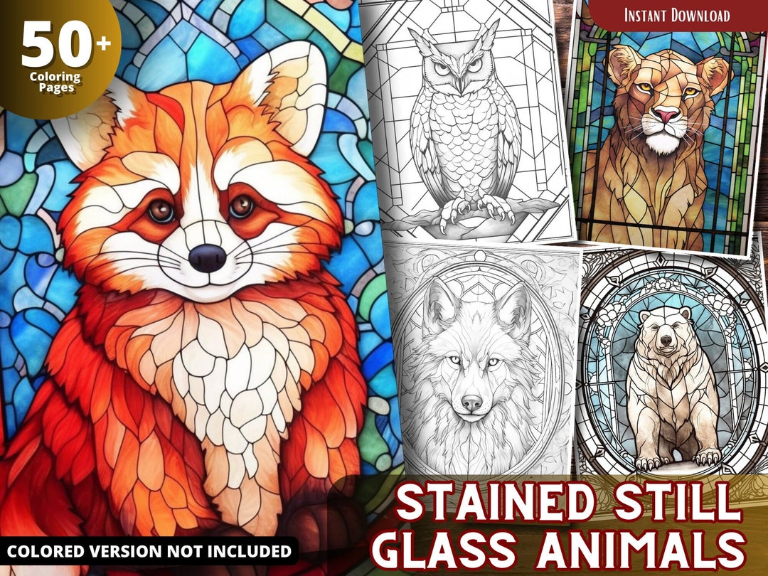 Stained Still Glass Animals Coloring Pages for Adults and for Kids for ...
