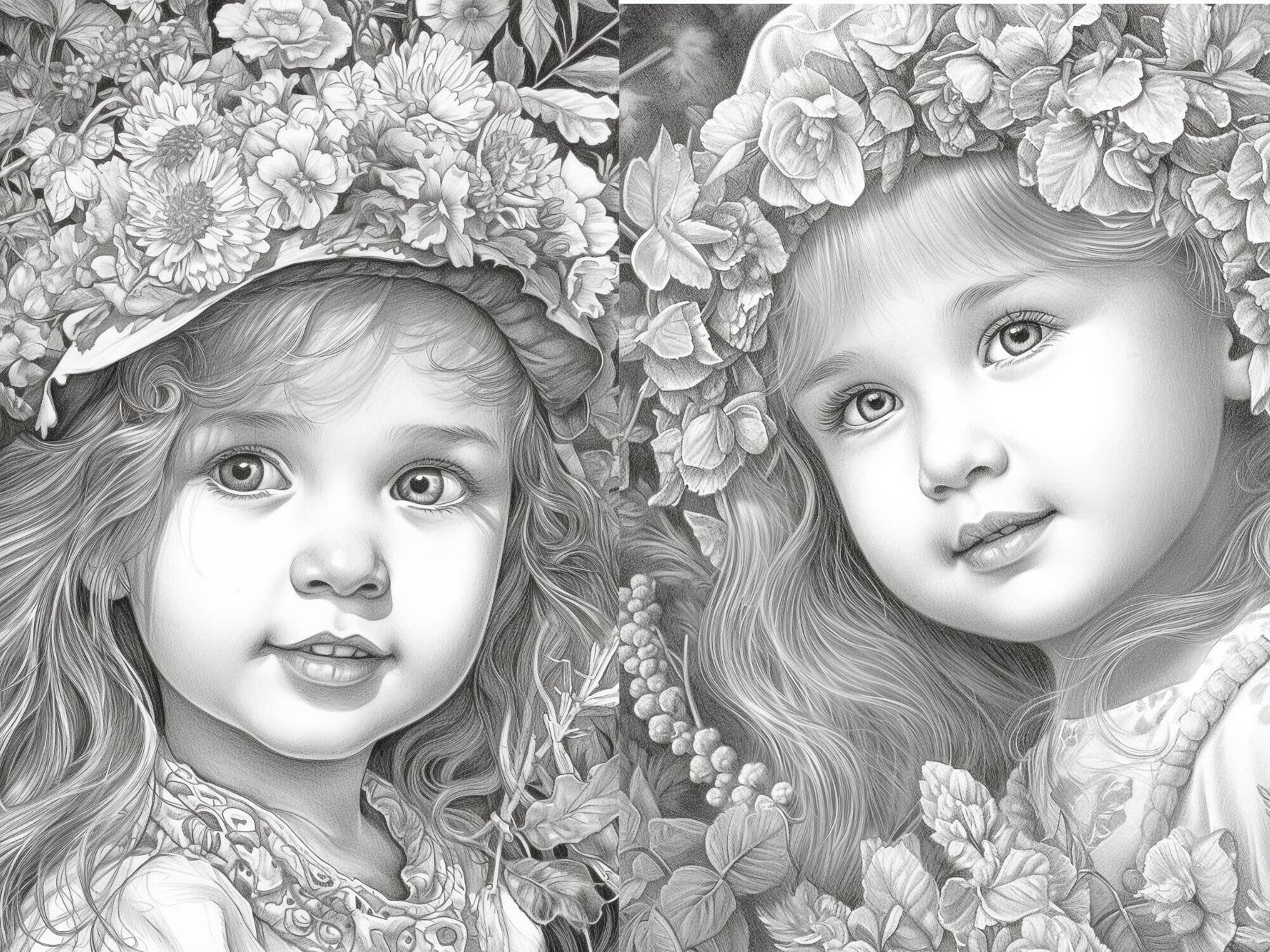 Spring Girls Coloring Pages for Adults and for Kids Grayscale Coloring ...