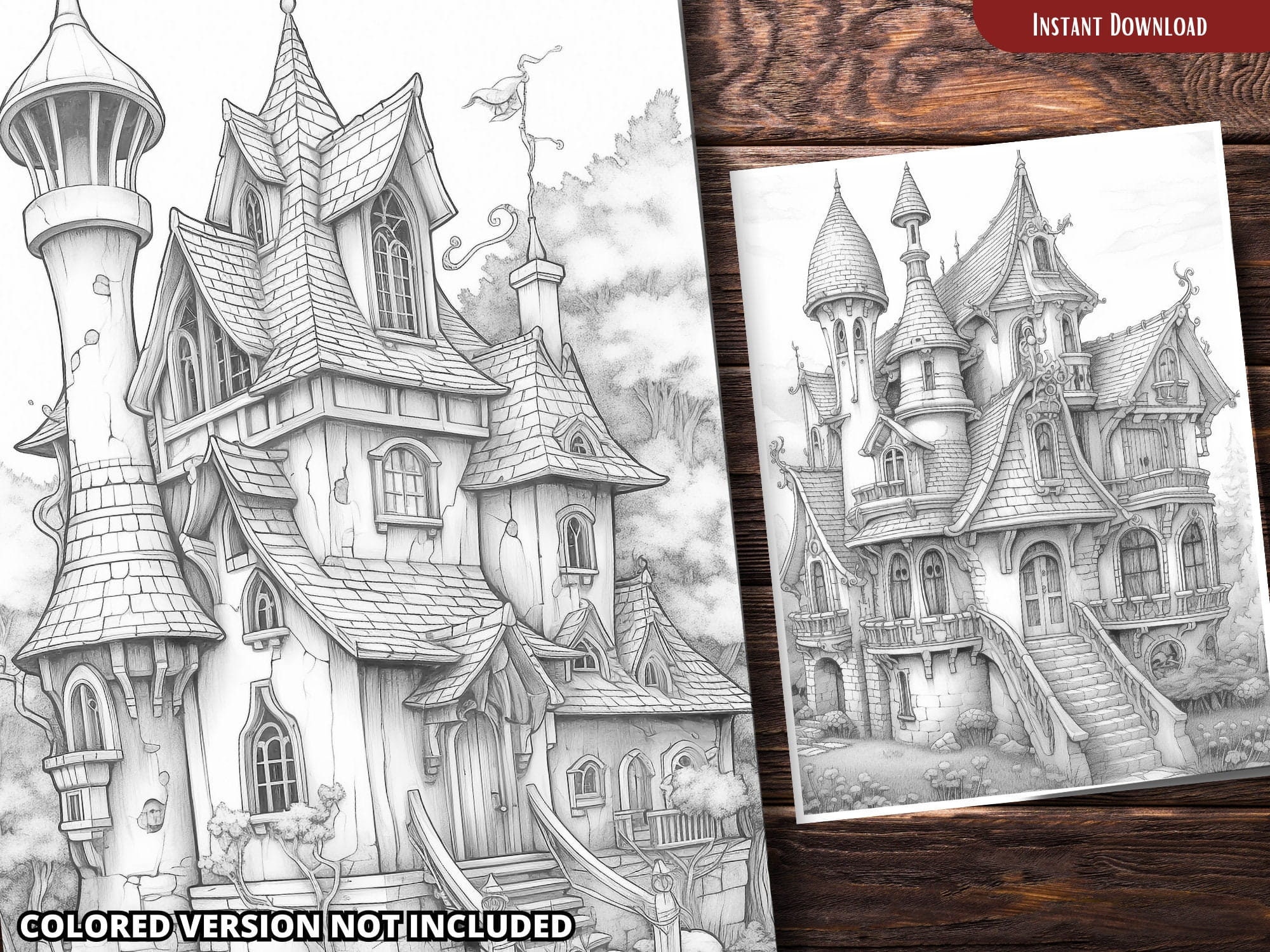 Gothic House Coloring Pages for Adults and for Kids Grayscale Coloring ...