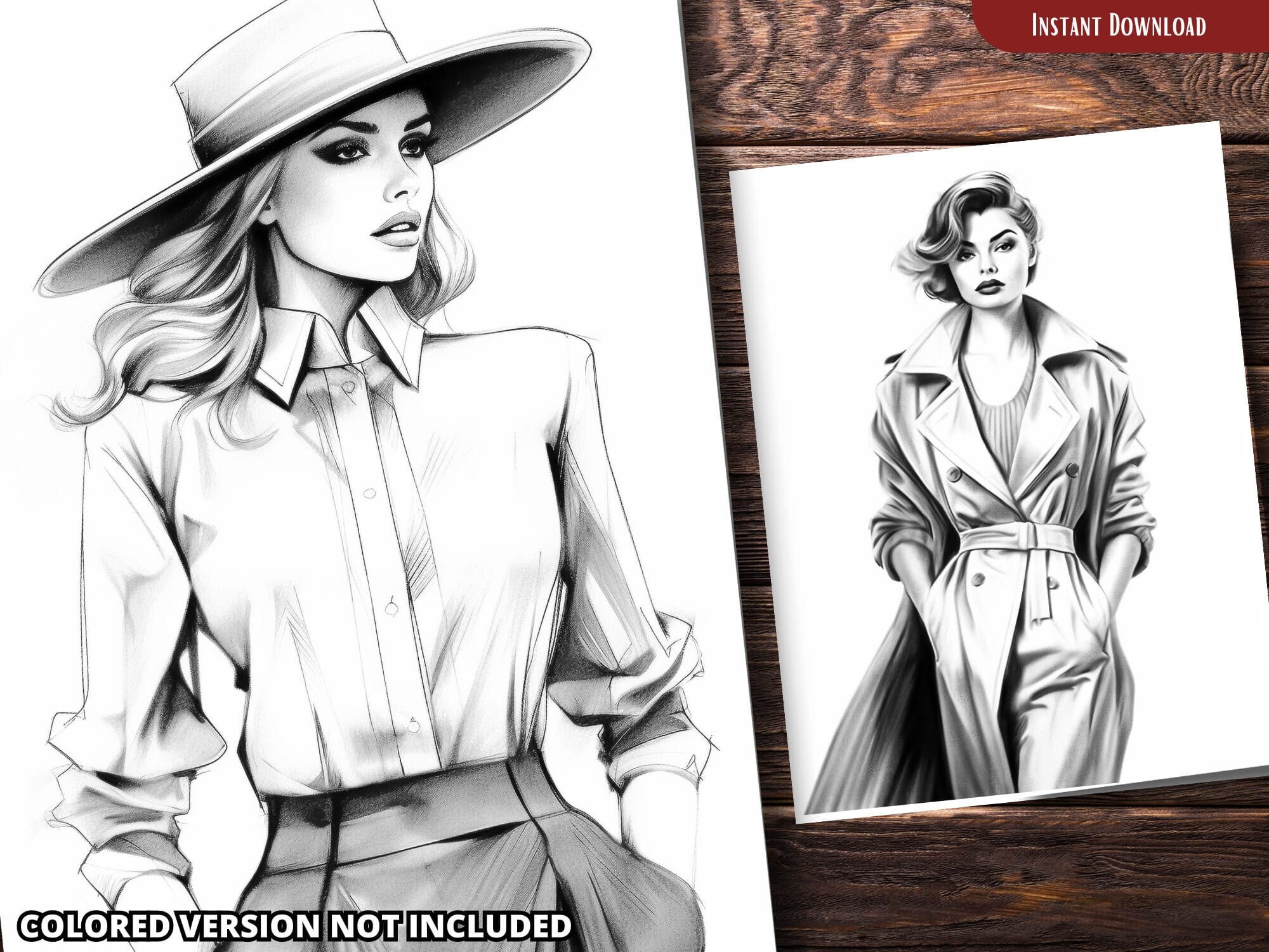 1950s Vintage Style Girl Coloring Pages for Adults and for Kids ...