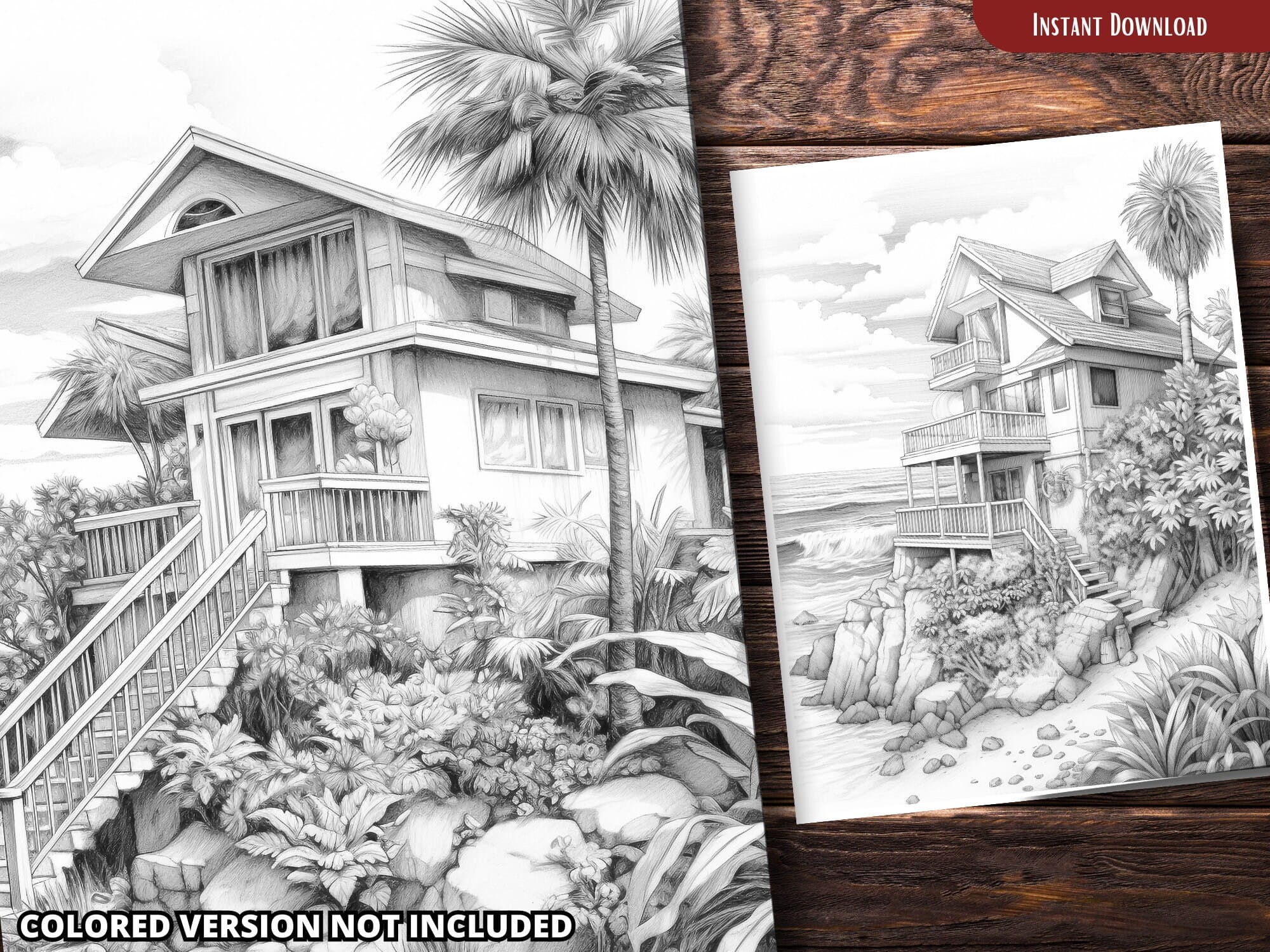 Beach House Grayscale Coloring Pages for Adults & Kids (printable PDF ...