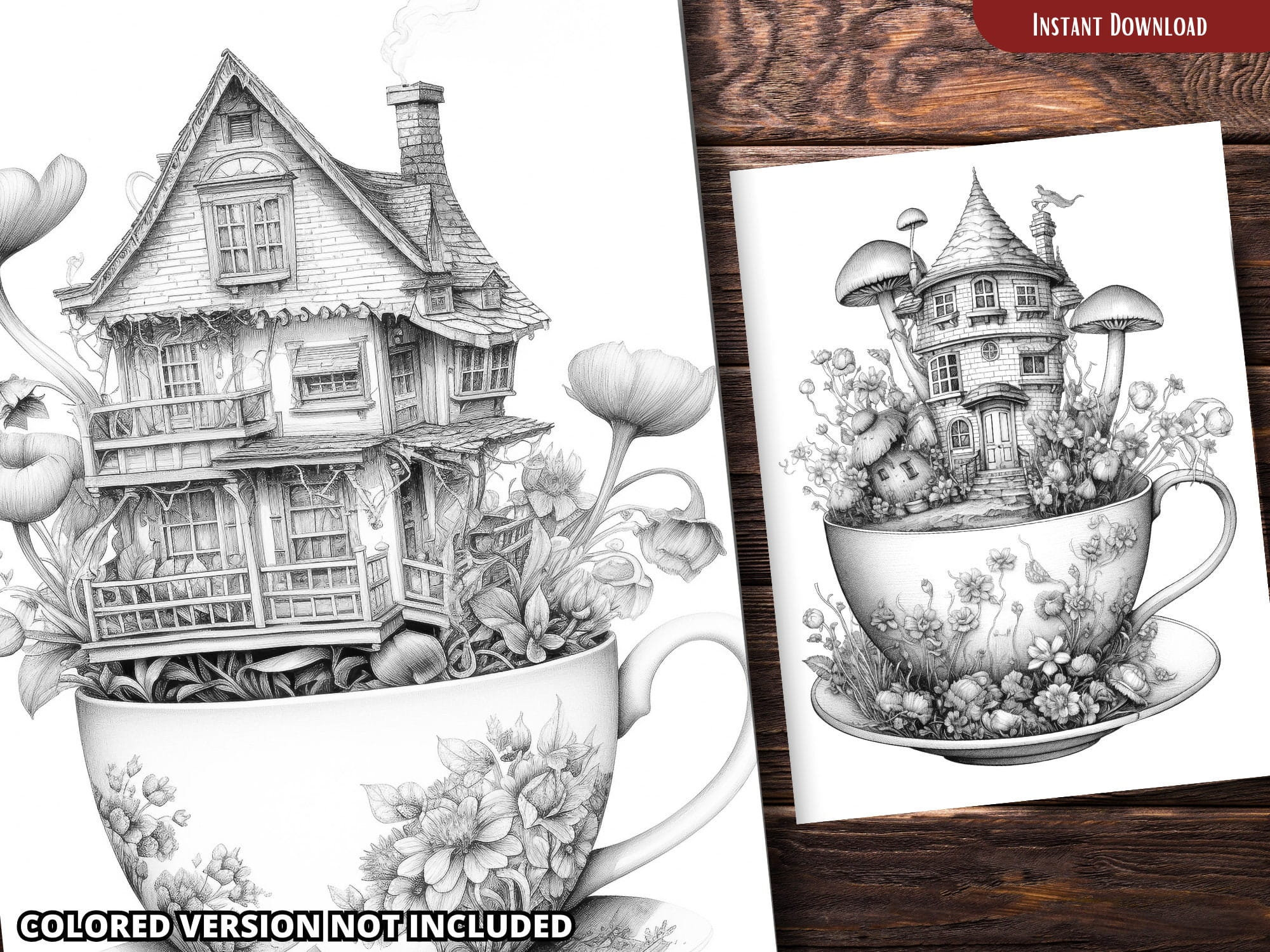 Teacup Fairy House Coloring Pages for Adults and for Kids for Relax and ...