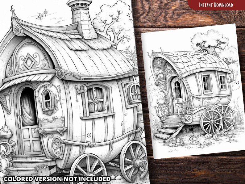Fantasy Caravan House Coloring Pages for Adults and for Kids Grayscale ...