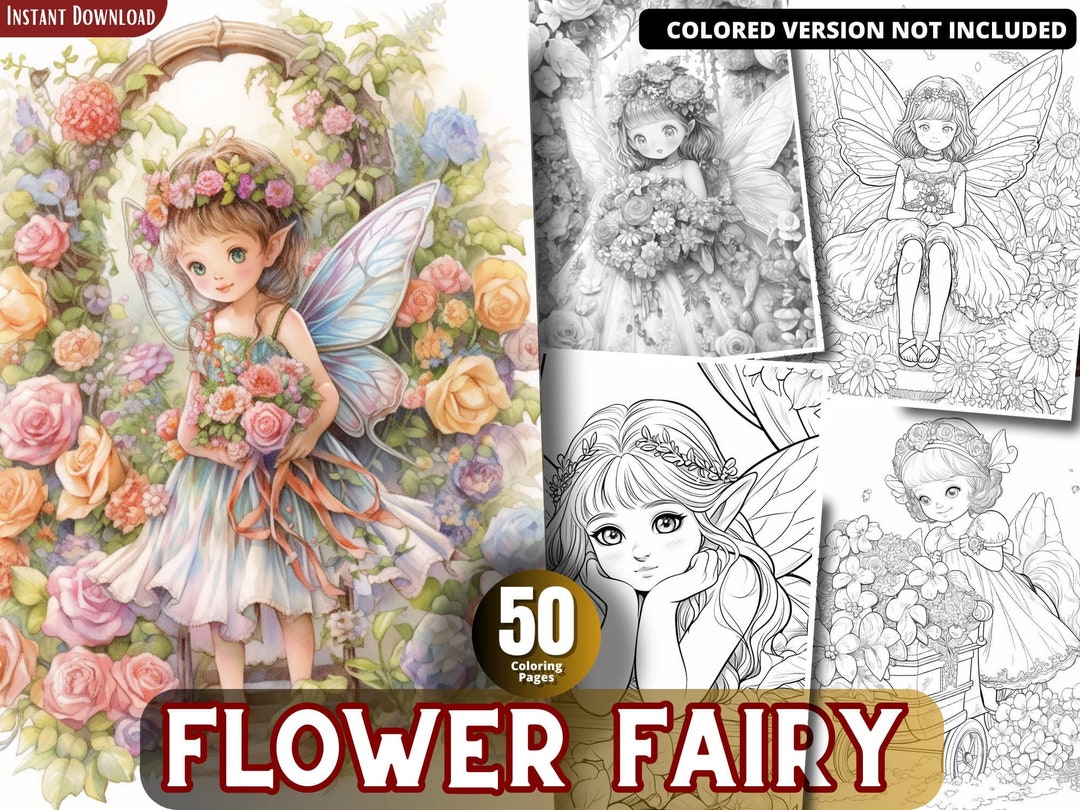 Flower Fairy Coloring Pages for Adults and for Kids Grayscale Coloring ...