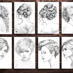 Hair Style Coloring Pages for Adults and for Kids, Grayscale Coloring ...