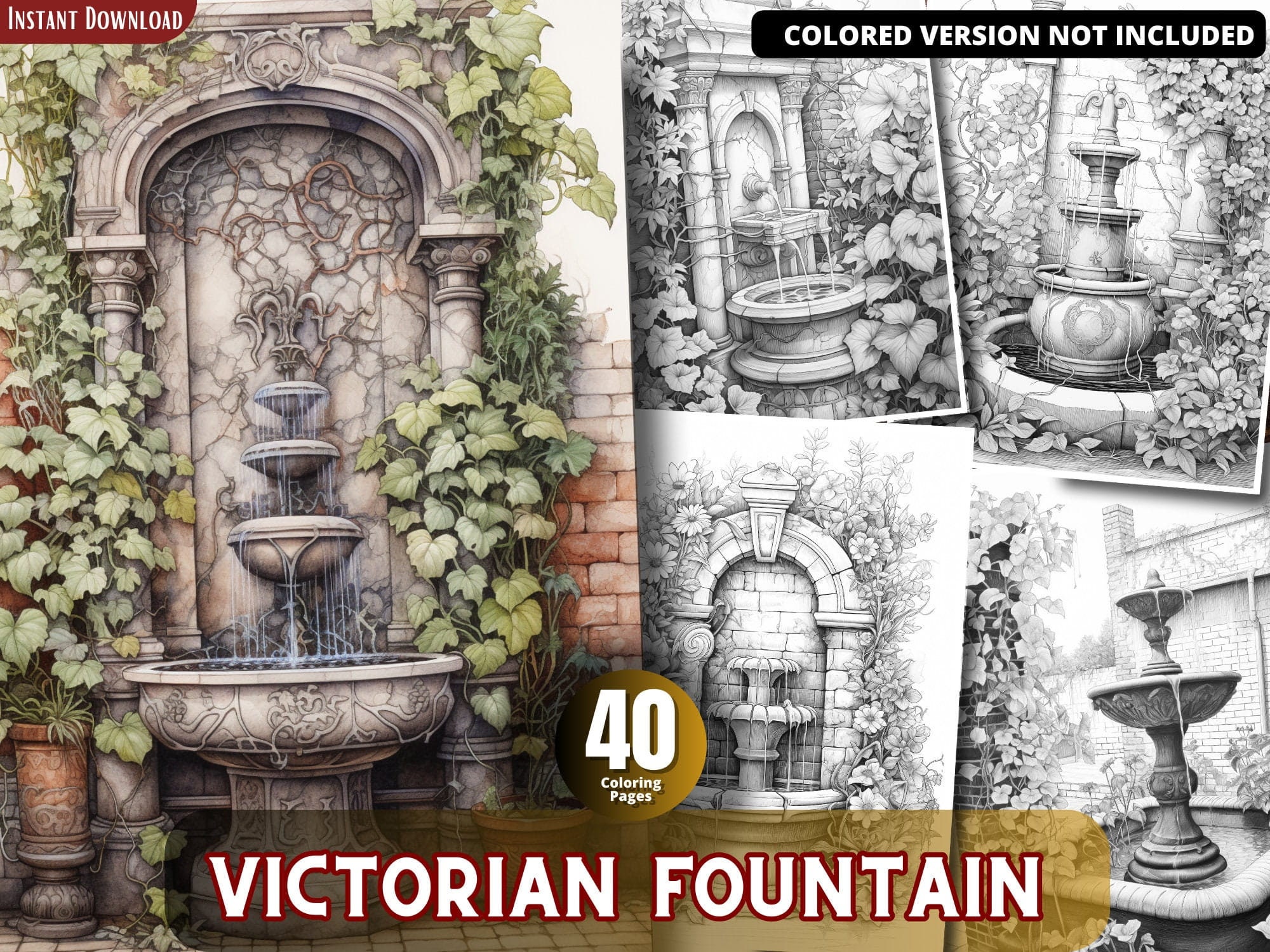 Victorian Fountain Coloring Pages for Adults and for Kids for Relax and ...