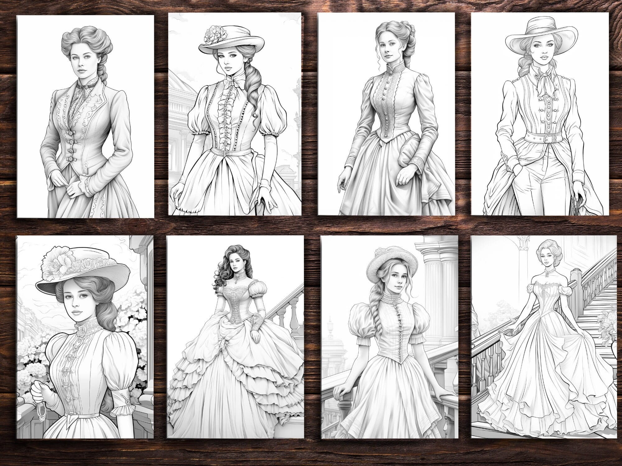 Victorian Fashion Coloring Pages for Adults and for Kids, Grayscale ...