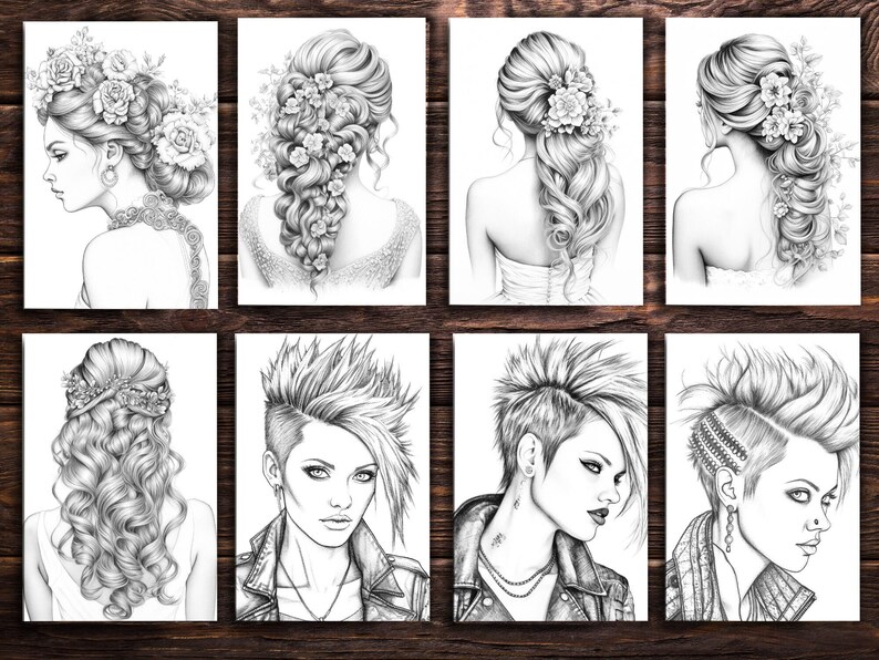 Hair Style Coloring Pages for Adults and for Kids, Grayscale Coloring ...