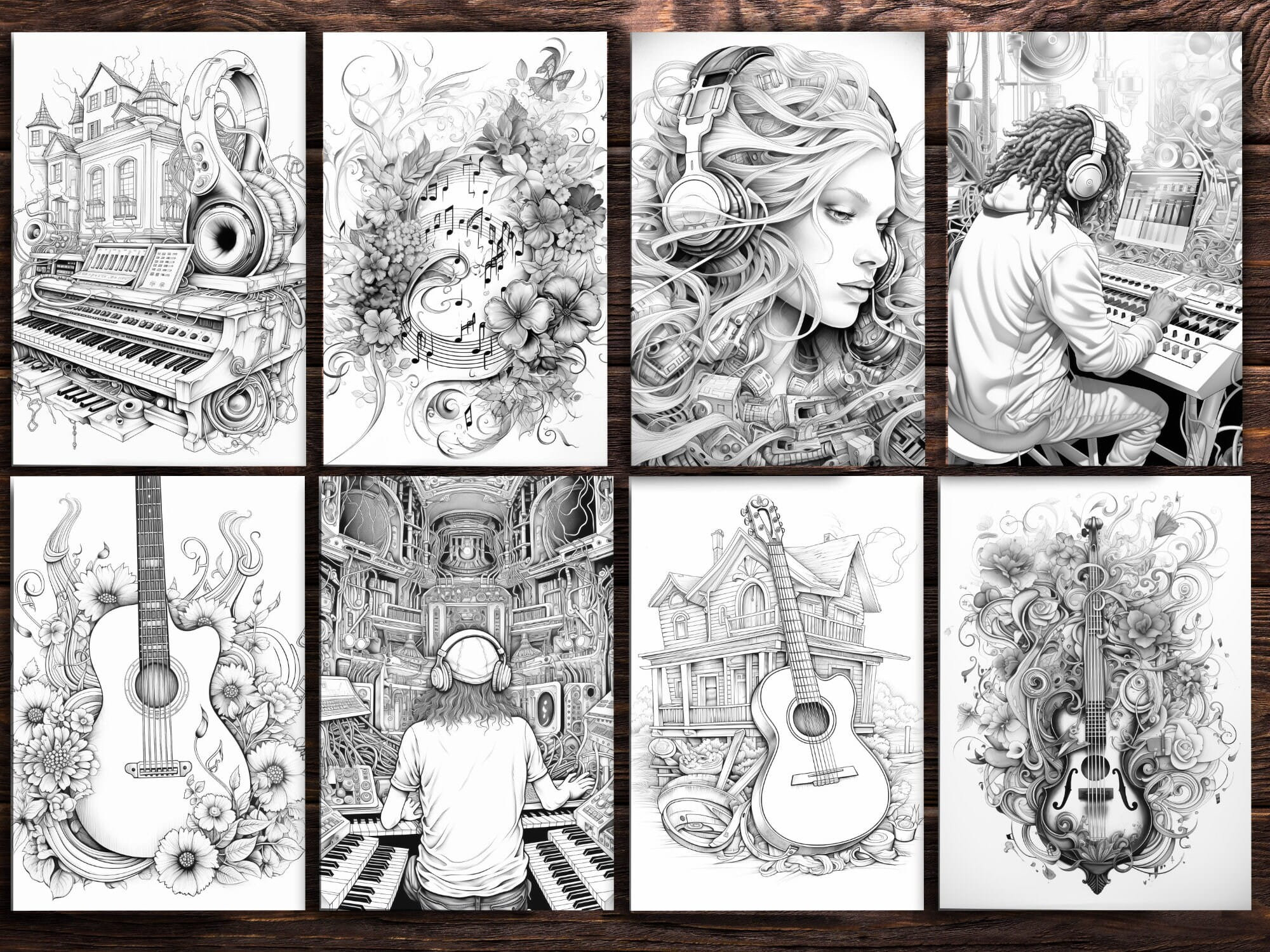 Music Chill Grayscale Coloring Book Pages, Stress Relief (printable PDF ...