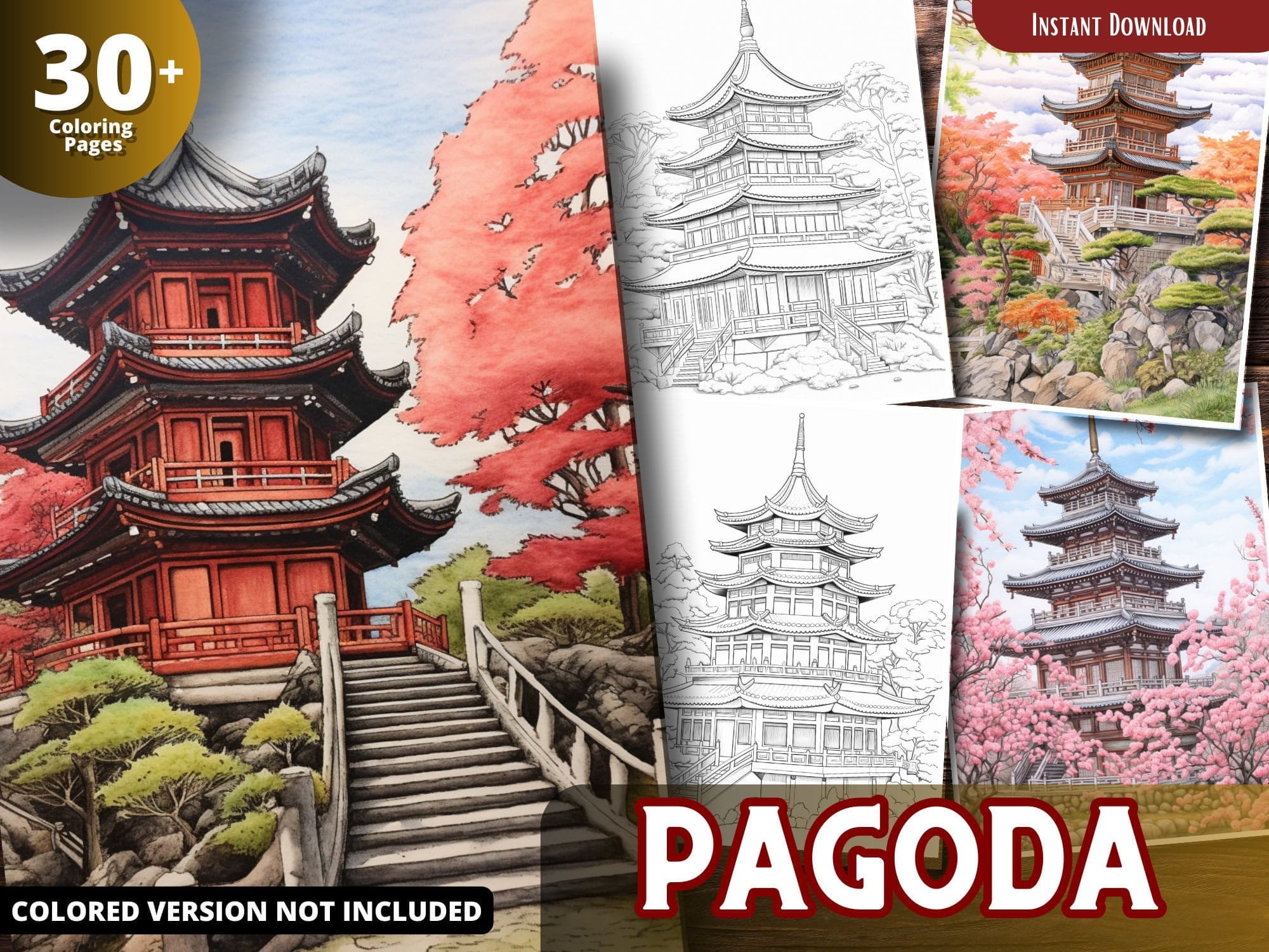 Pagoda Coloring Pages for Adults and for Kids for Relax and Stress ...